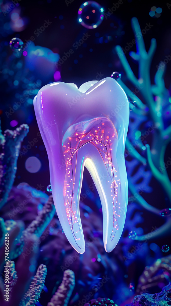 A tooth is shown in a blue and purple color with a glowing effect. The ...