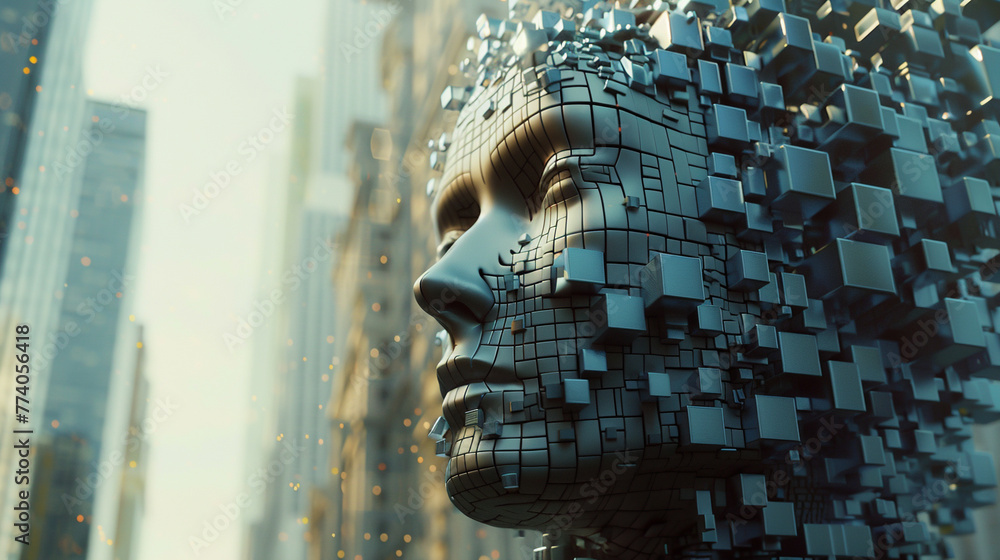 A face made of blocks is shown in front of a city skyline. The face is ...