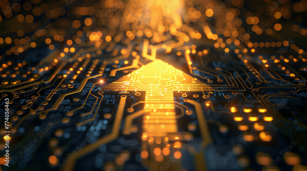 A computer chip with a yellow arrow pointing upwards. Concept of progress and growth, as the ...