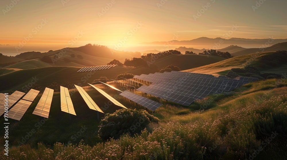 A serene landscape at dawn, where rows of sleek solar panels capture ...