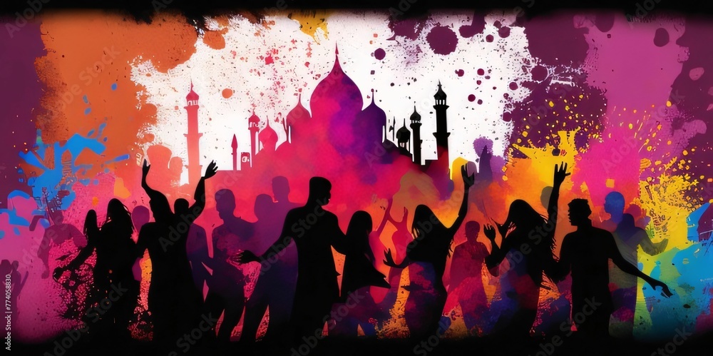 Silhouettes of people dancing in front of the mosque. Vector ...