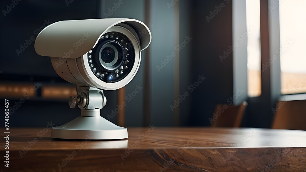 A close-up view of a modern CCTV security camera installed above a ...