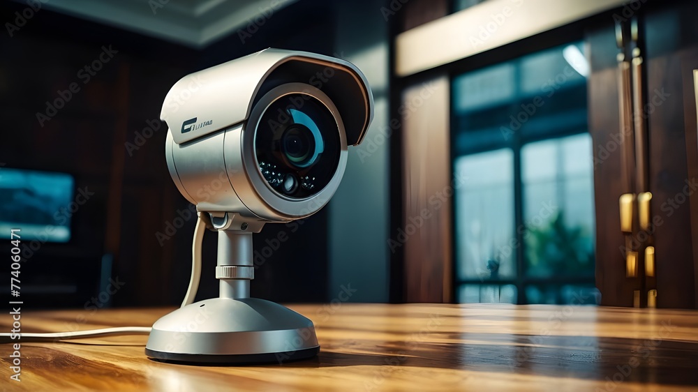 A close-up view of a modern CCTV security camera installed above a ...