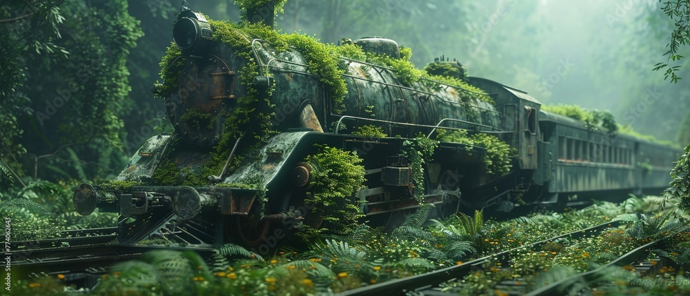 Photorealistic depiction of an ancient train engulfed in green moss and ...