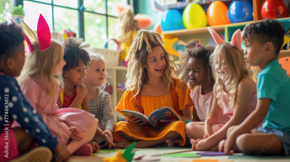 A crowd of children are gathered around a table sharing art supplies in ...