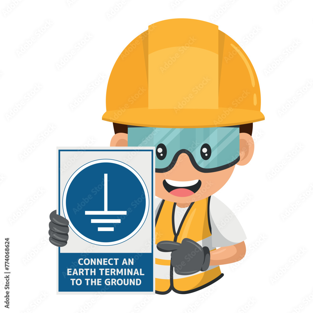 Industrial construction worker with mandatory sign Connect an earth ...