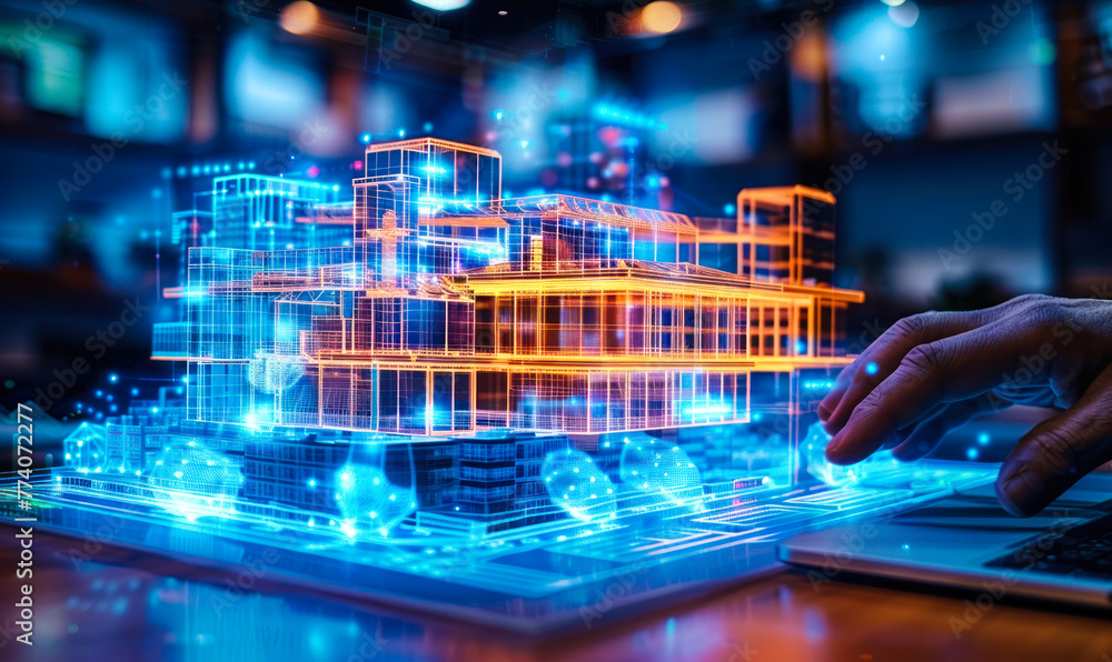 Holographic 3D building model on laptop, digital Building Information ...
