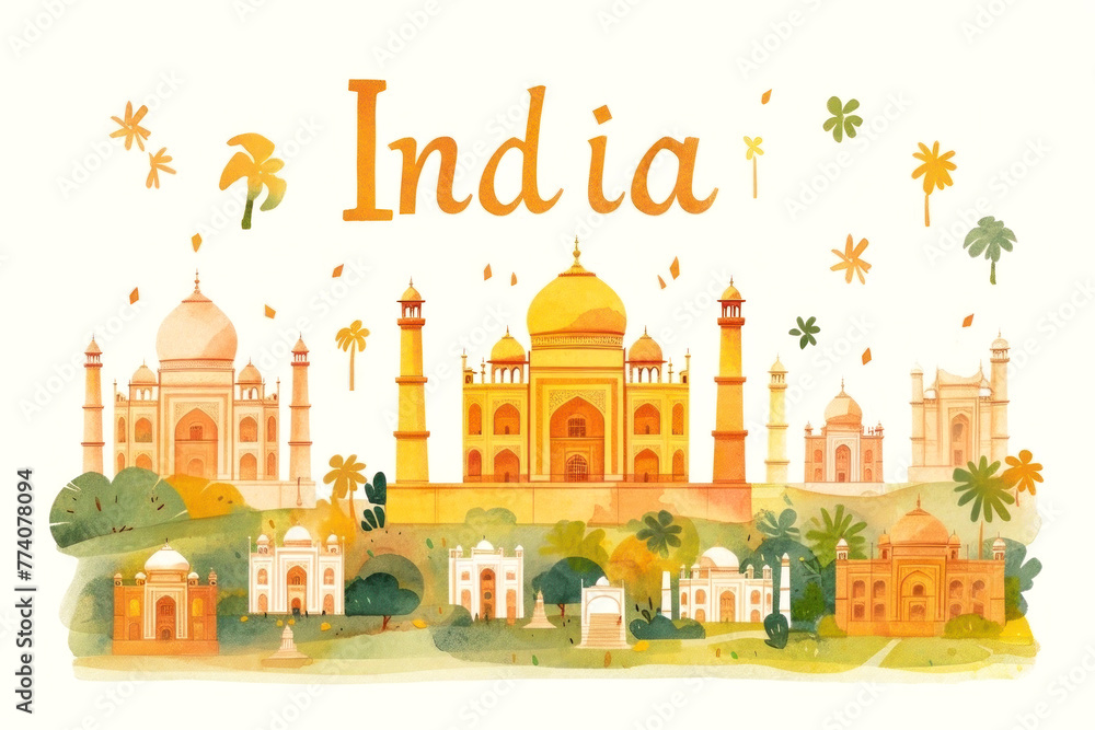 Vibrant illustration of India's iconic architecture and tropical flora ...