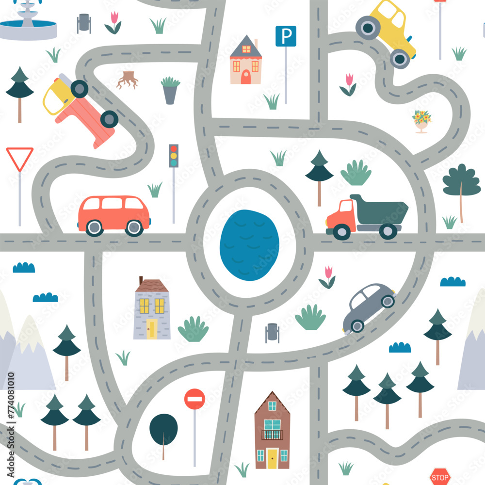 Children road map with cars and houses on whitye background. Vector ...
