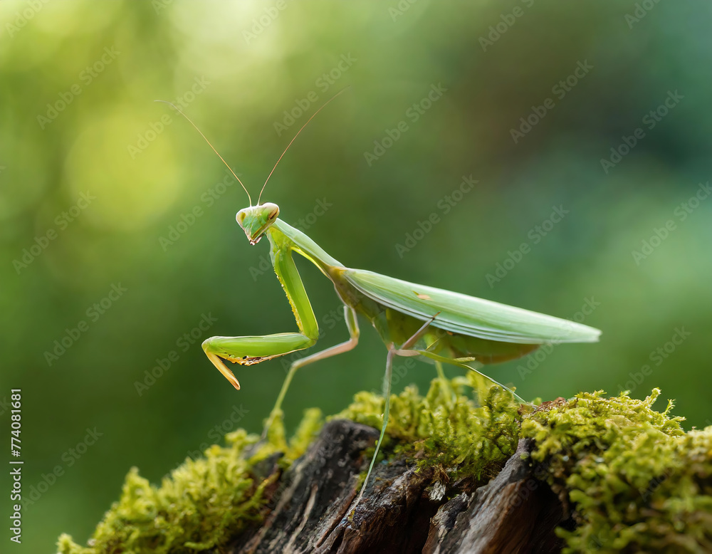 Praying mantis (Mantis religiosa) on blurred green background in the ...