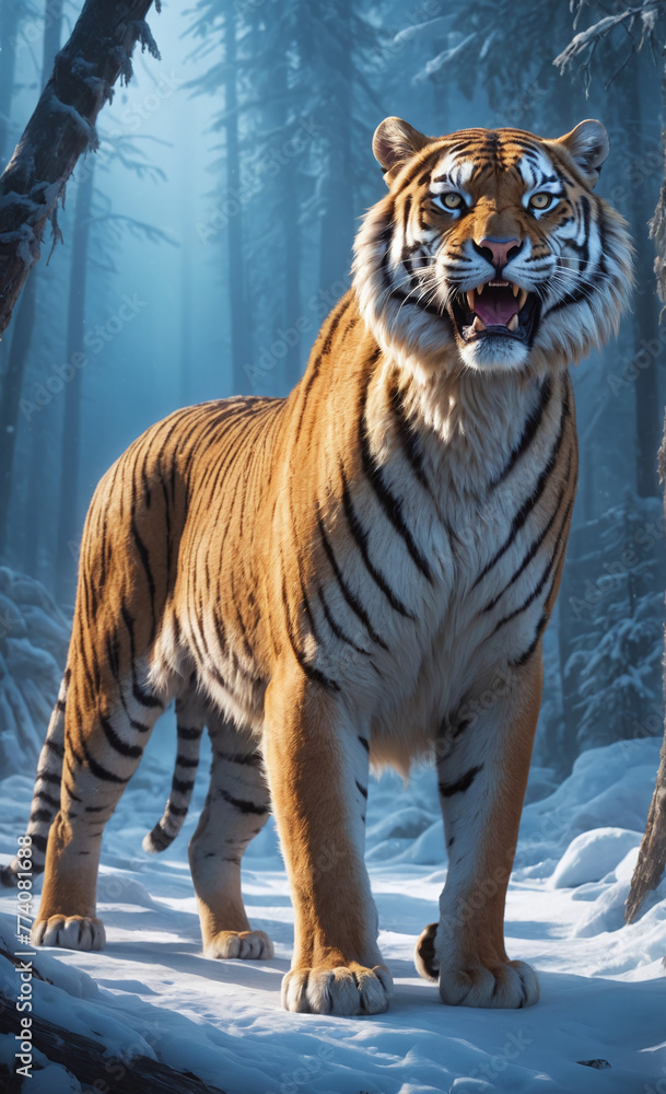 A formidable sabertooth tiger like found in the ice age, its form ...