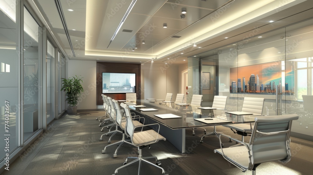 A state-of-the-art conference room featuring a large table surrounded ...