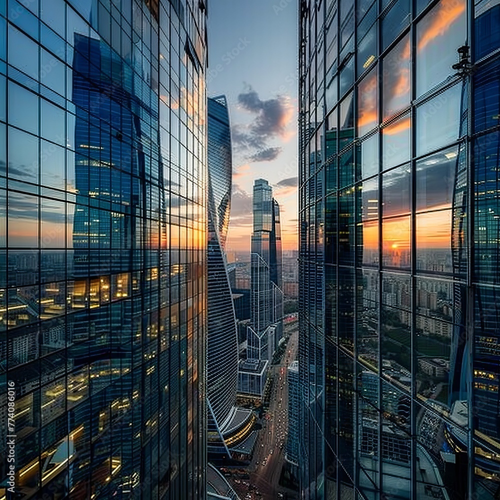 High-rise buildings, cityscape, modern architecture, sunset sky, urban ...