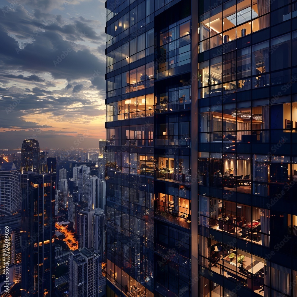 High-rise buildings, cityscape, modern architecture, sunset sky, urban ...