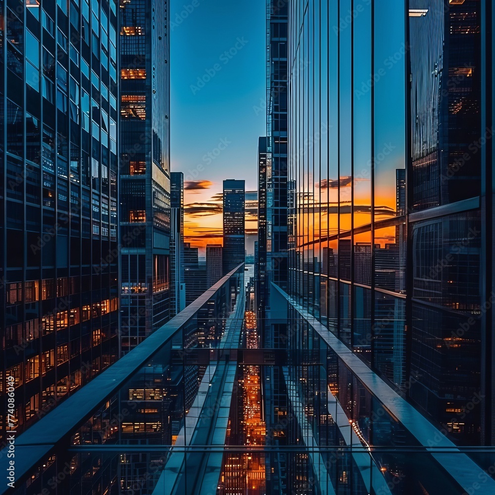 High-rise buildings, cityscape, modern architecture, sunset sky, urban ...