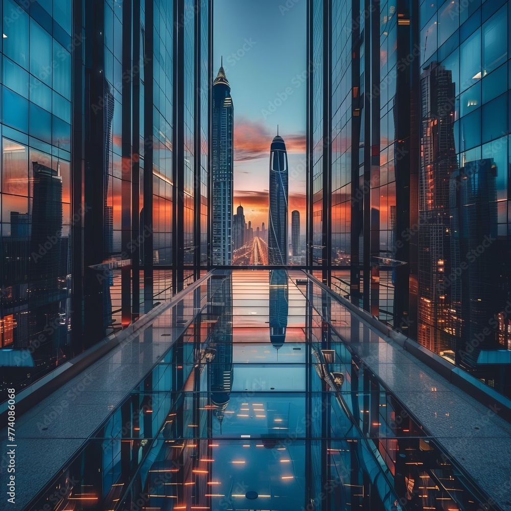 High-rise buildings, cityscape, modern architecture, sunset sky, urban ...