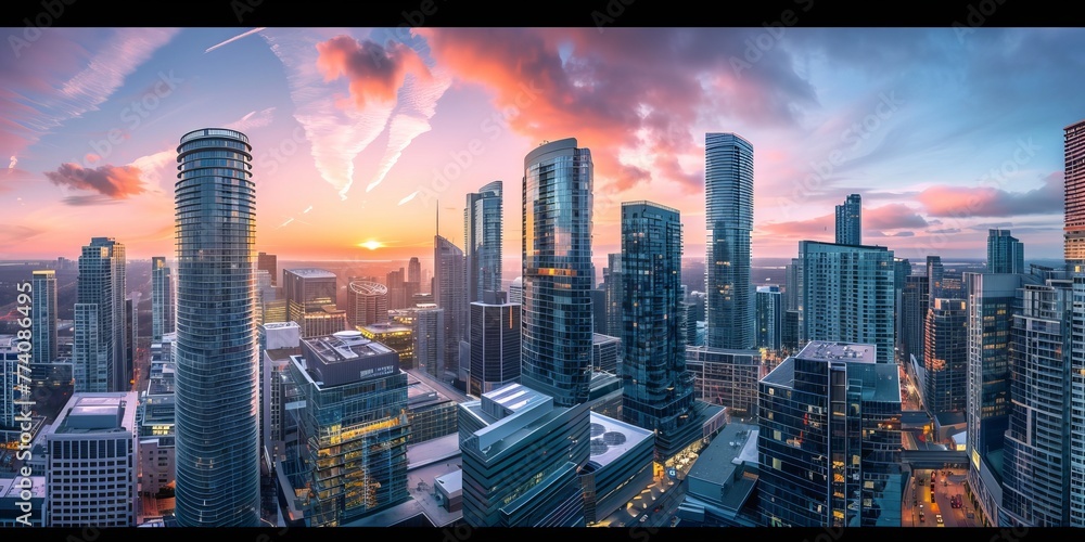 High-rise buildings, cityscape, modern architecture, sunset sky, urban ...