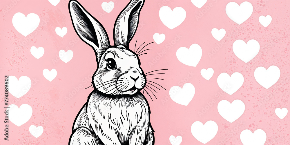 Cute white bunny rabbit radiating lots of heartfelt love, minimal pink ...