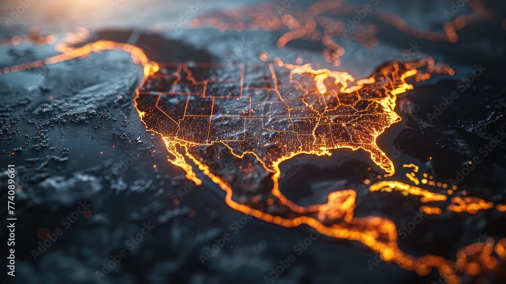 dark earth map with luminous features of urban regions and places with ...