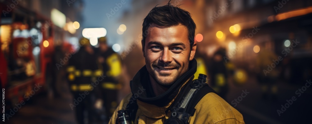 Portrait of handsome european fireman wearing firefighter suit for ...