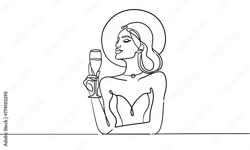 Elegant girl drinks wine or champagne from a glass, continuous line art ...