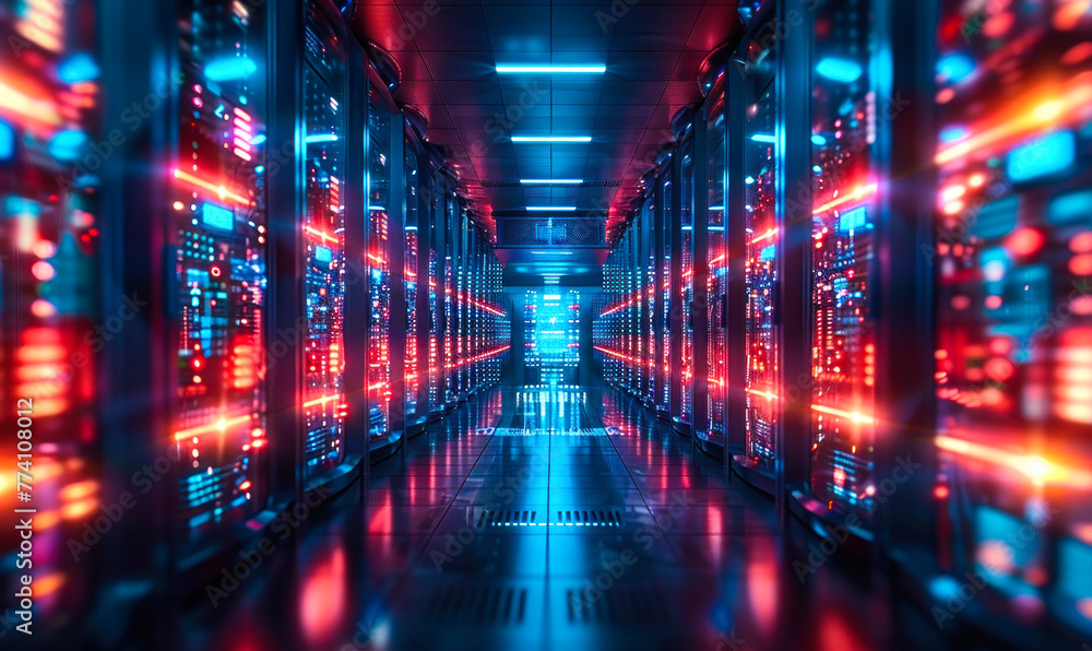 Futuristic data center with rows of glowing server racks & digital displays, concept of workflow ...