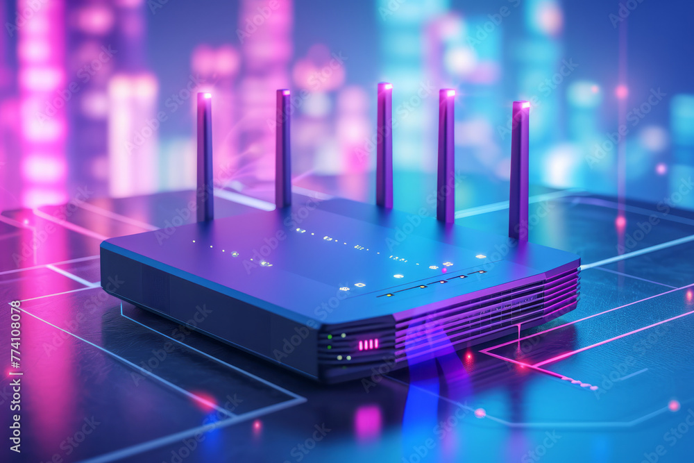 A detailed view of a router resting on a table, showcasing its ports ...