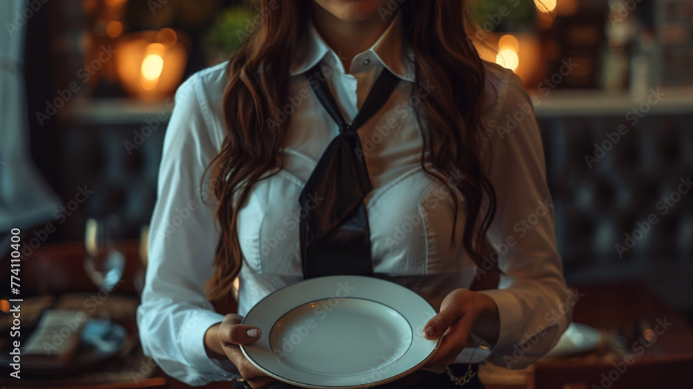 The restaurant's faceless female waitress wears a white shirt and black ...