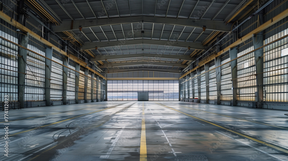 Large aircraft hangar interior environment,created with Generative AI ...
