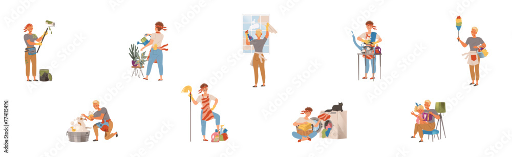 Poster Man Character Doing Housework and Domestic Chores Vector Set ...