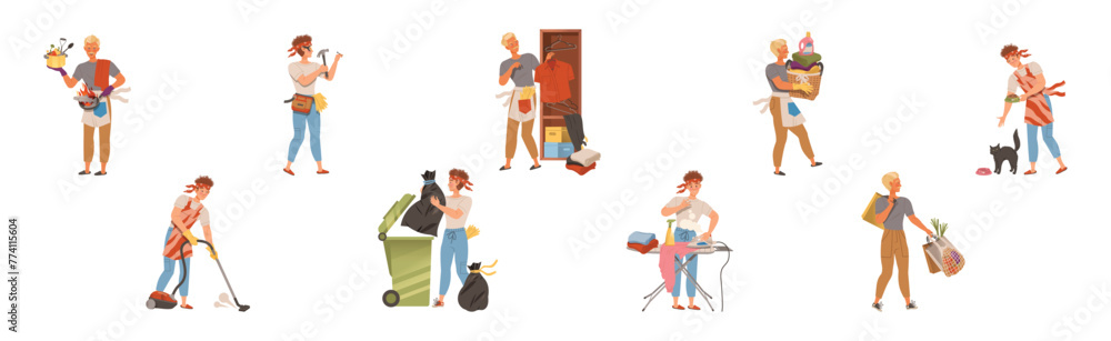 Poster Man Character Doing Housework and Domestic Chores Vector Set ...