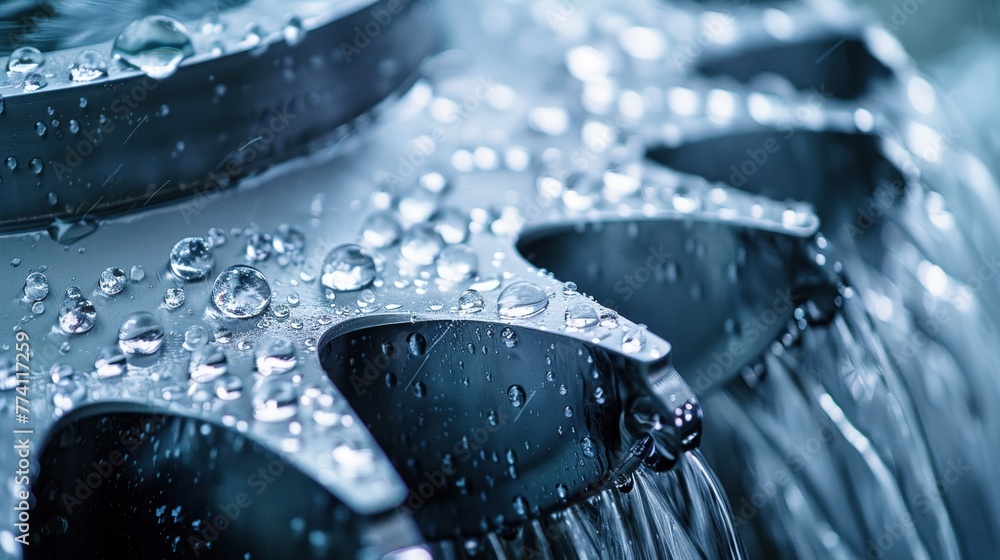 Macro photography of water droplets on a hydro plant turbine model ...