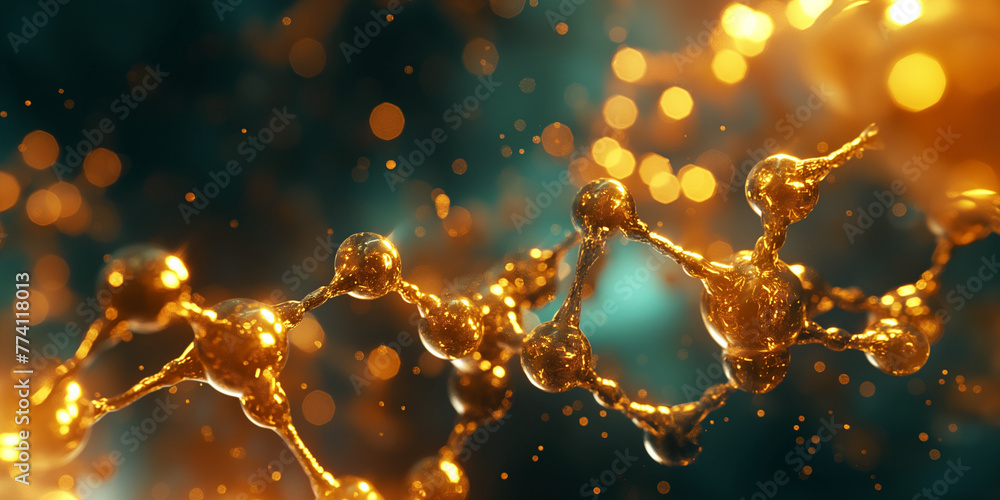 Biochemistry molecular or atom structure with golden colors in medical ...
