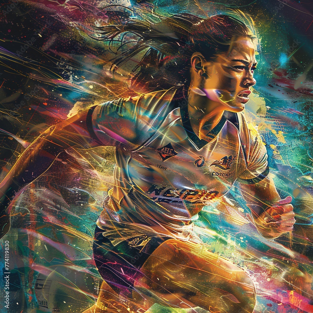 exhilarating moment in a women's rugby game. A female player breaks through the opposing team ...