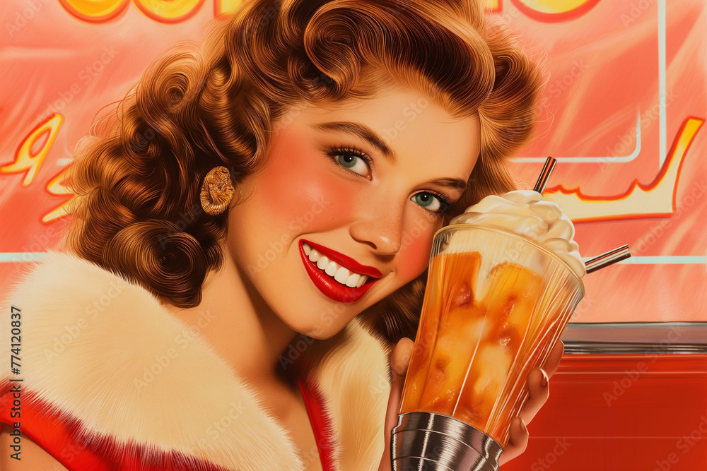 A retro-style advertisement featuring a glamorous woman enjoying a soda ...