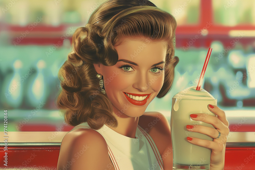 A retro-style advertisement featuring a glamorous woman enjoying a soda ...
