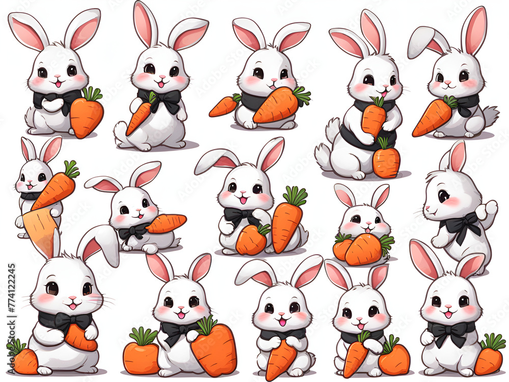 Cute rabbit, holding carrots in hand, with a bow around the neck ...