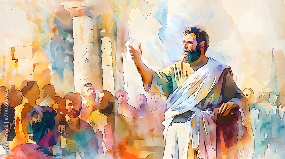 Apostle Paul Preaching with Vibrant Watercolor in Ephesus Symbolizing ...