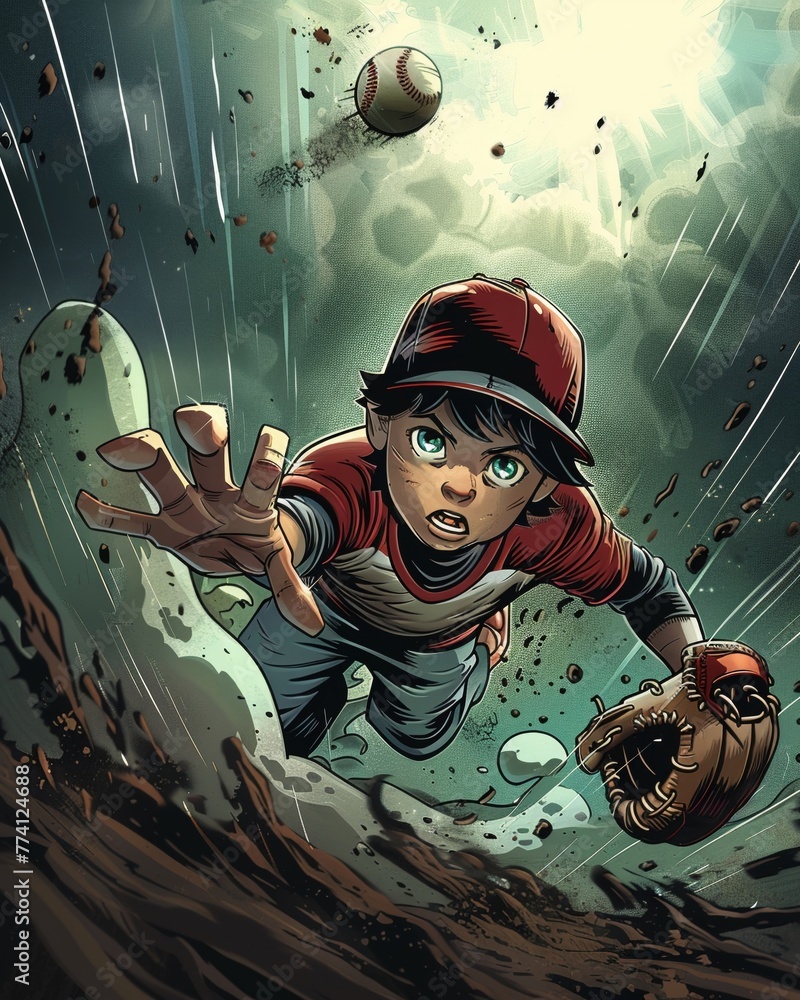 Baseball shortstop, cartoon character, powerful build, diving for a ...