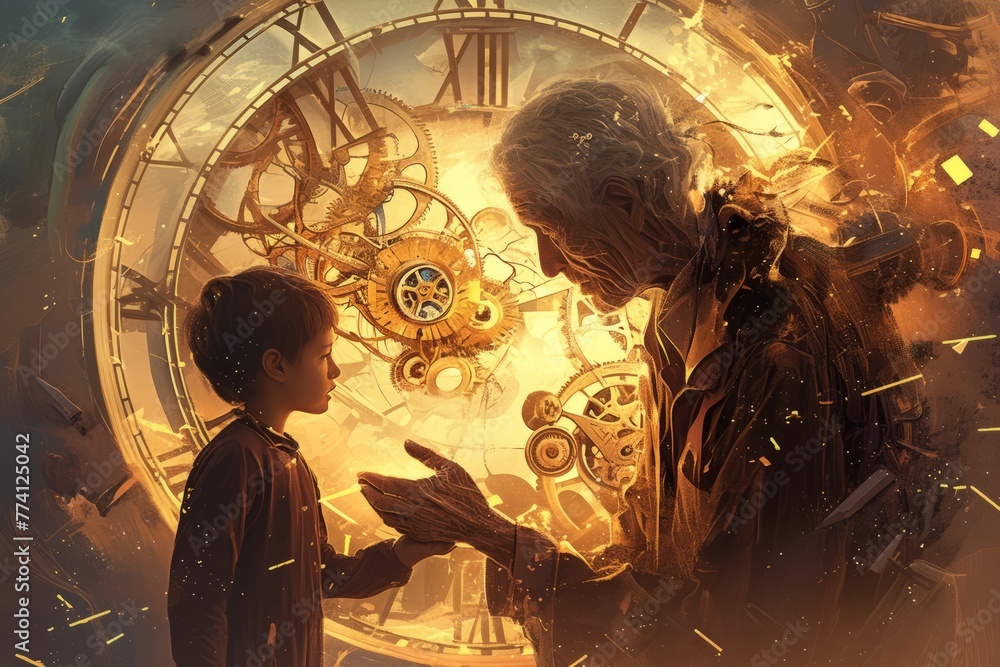 Timeless Connection: Child and Old Man Merged with Vintage Clock Hands ...