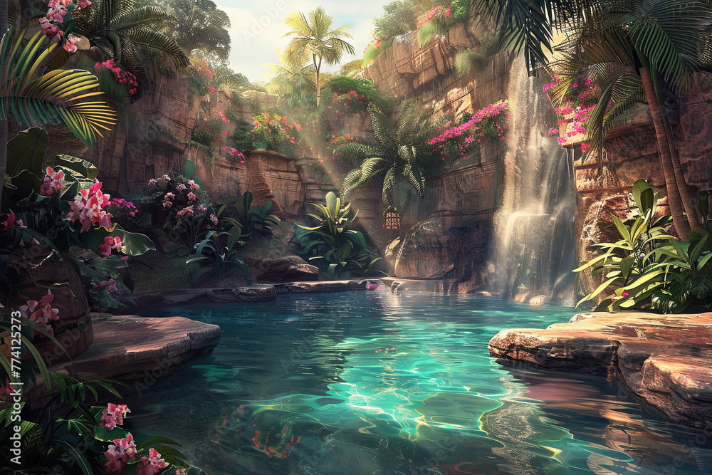 Artistic illustration of a secluded luxury pool with waterfalls and ...