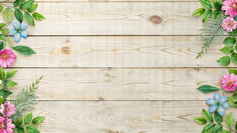 Light wooden background template with a green border of a decorative ...