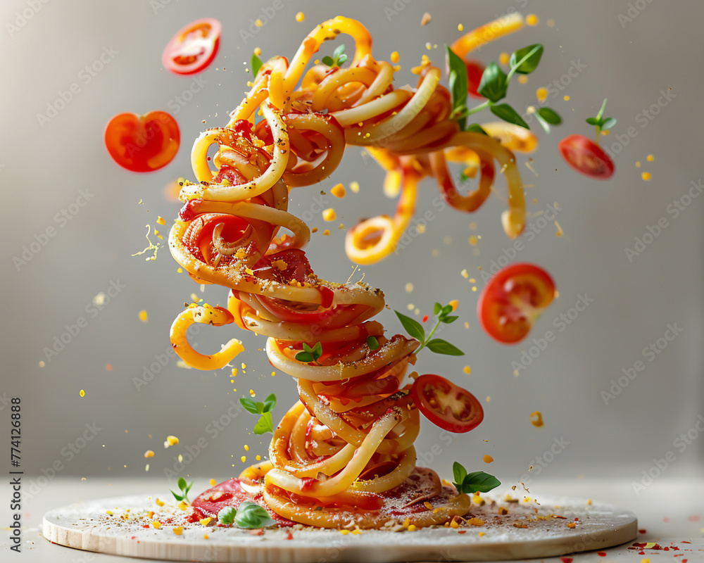 An abstract sculpture of spaghetti and pizza slices, defying gravity in ...