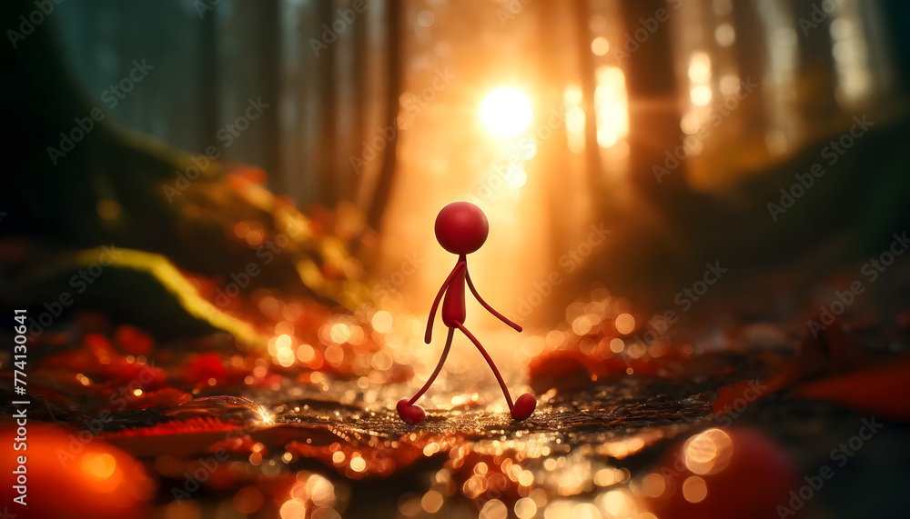 A whimsical red stick figure standing in the center of the frame. The ...