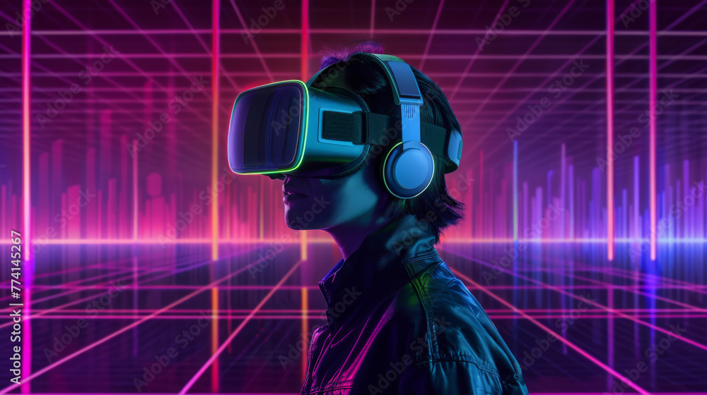 Person with virtual reality headset against a digital backdrop with ...