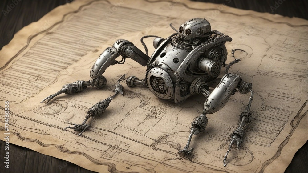 An gothic abandoned robot in painted style on a parchment diagram Stock ...