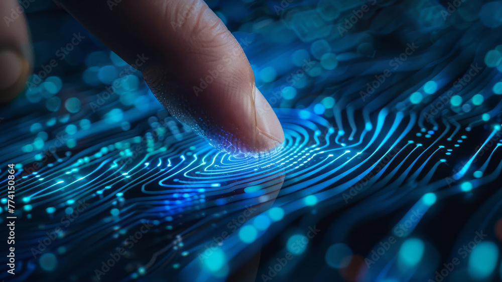 Fingerprint Technology Interface. A finger hovers above a digital ...