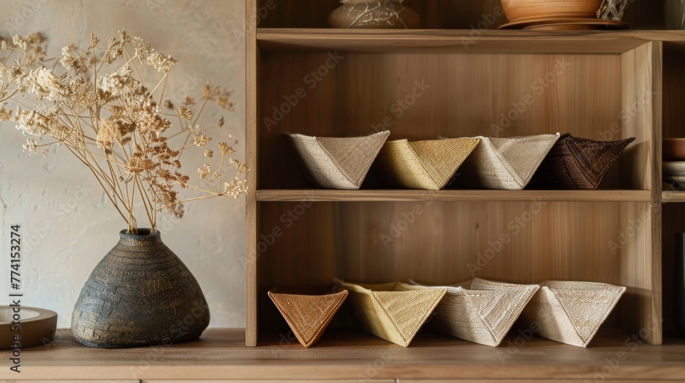 Innovative shelf styling with trapezoid storage bins, close-up on the ...