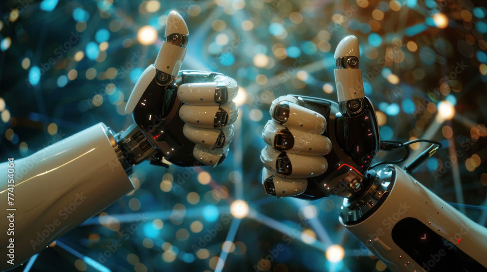This digitally crafted image showcases a pair of robotic hands ...