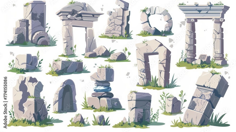 Set of ancient ruins - destroyed architectural or cultural monuments of ...
